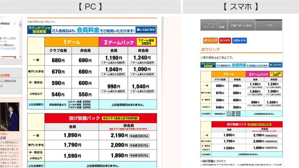 料金表・比較表などのテーブルをスマホ対応するデザイン事例 野良人(のらんど)